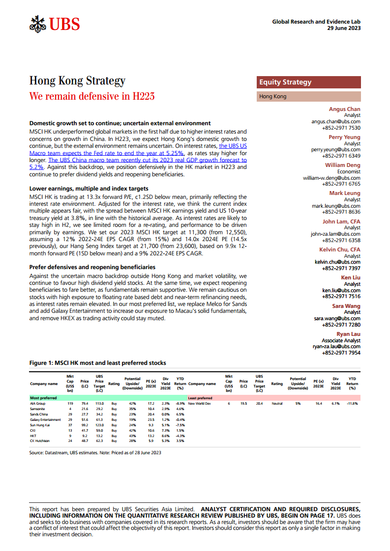 UBS Equities-Hong Kong Strategy _We remain defensive in H223_ Chan.pdf-报告查一查