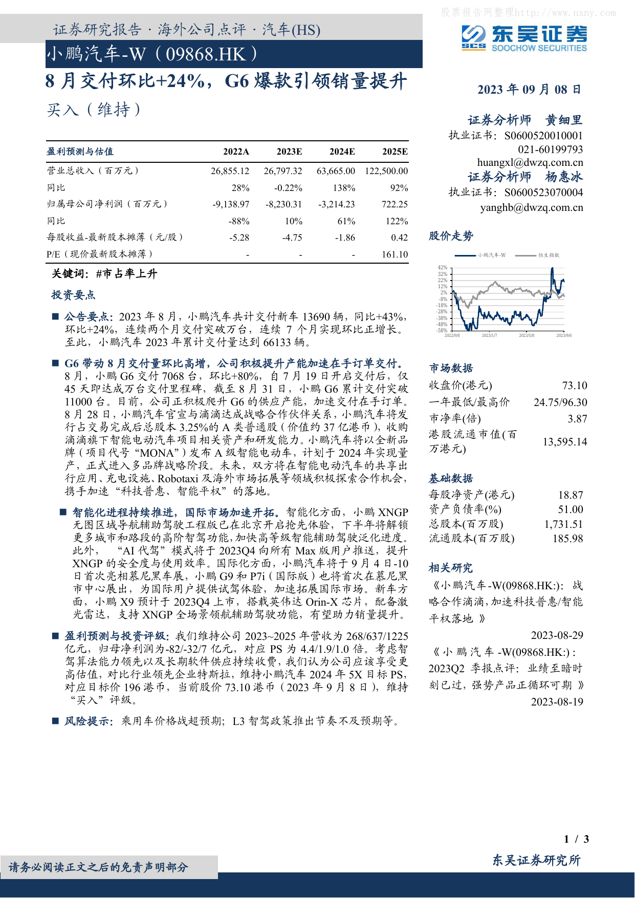 小鹏汽车W(09868.HK)8月交付环比+24%，G6爆款引领销量提升.pdf-报告查一查
