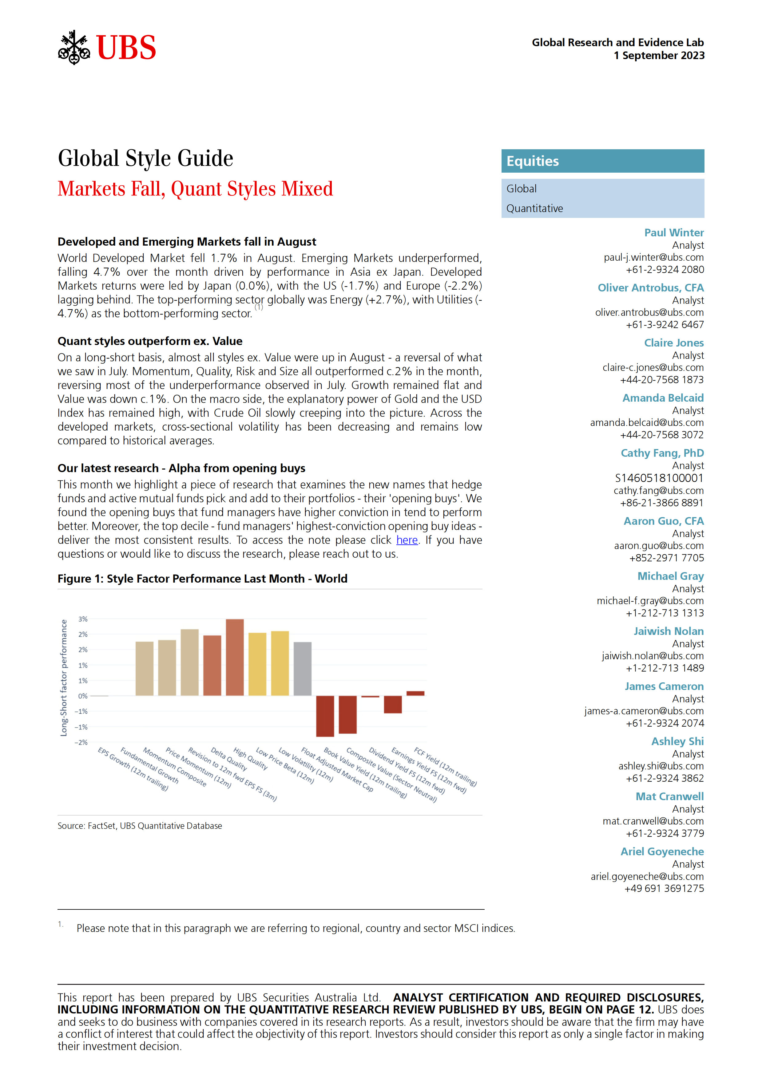 UBS Equities-Global Style Guide _Markets Fall, Quant Styles Mixed ...