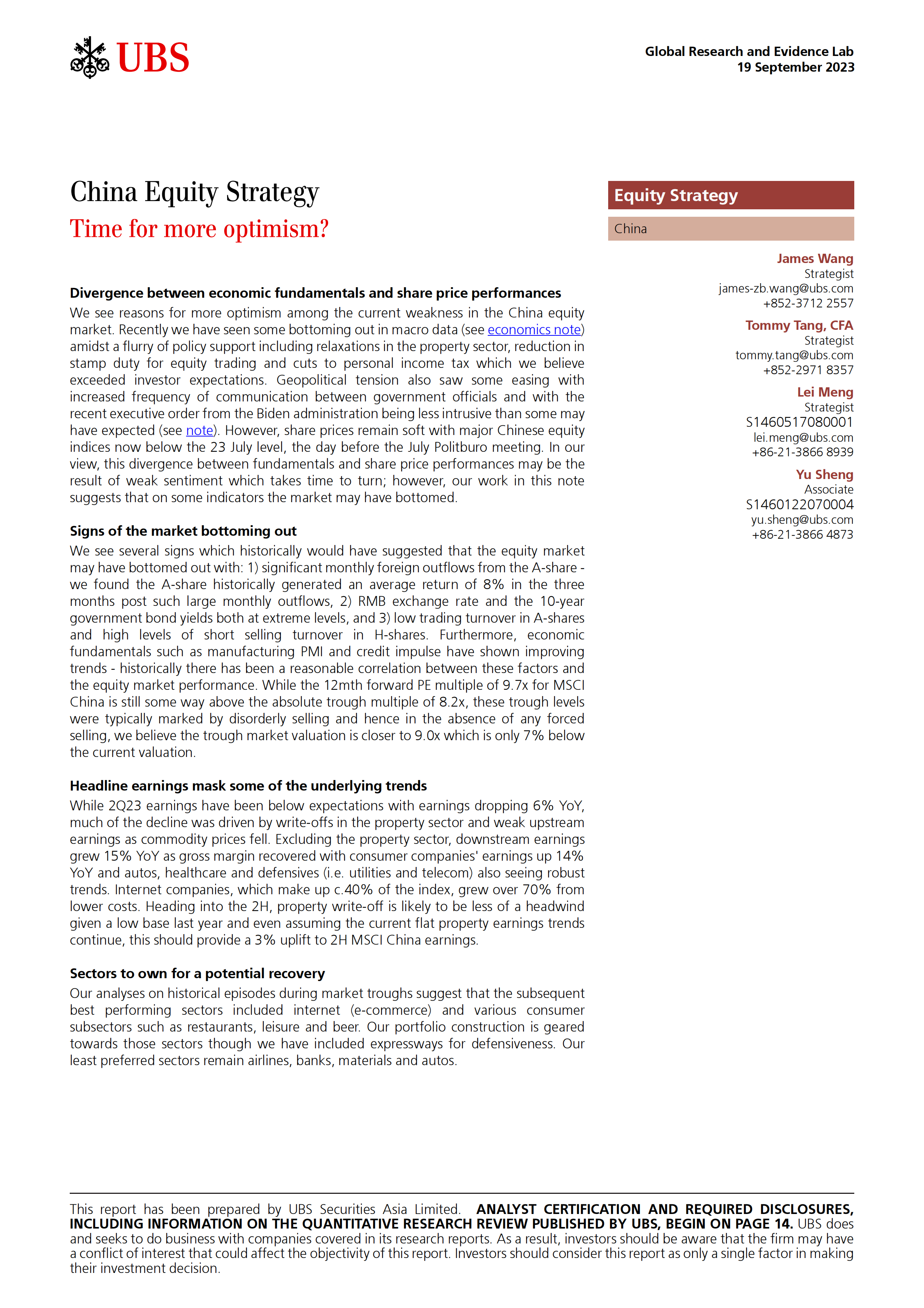 UBS_China Equity Strategy _Time for more optimism-20230919.pdf-报告查一查